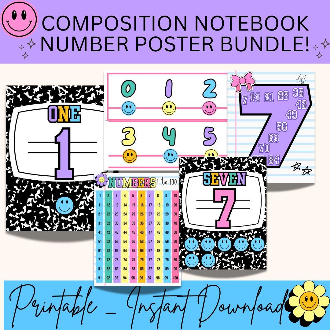 Classroom Number Posters: Composition Notebook Theme (digital Download ...