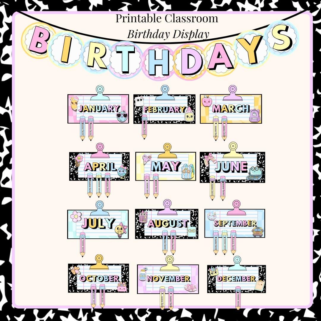 Classroom Birthday Charts Printable Composition Notebook Cutesy Theme ...