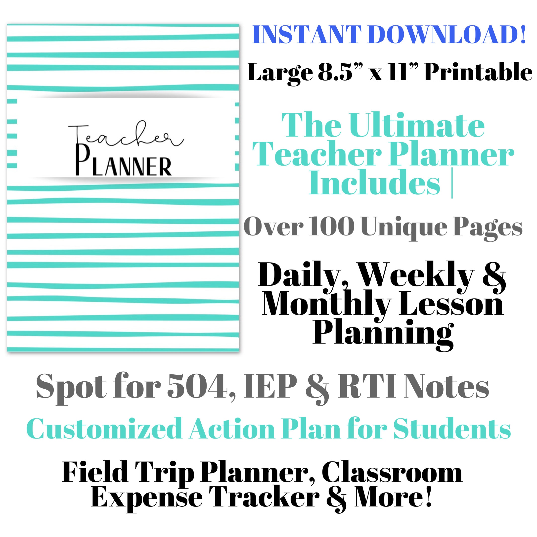 Teacher Planner PRINTABLE SET Undated Large 8.5 X 11 Instant Download ...