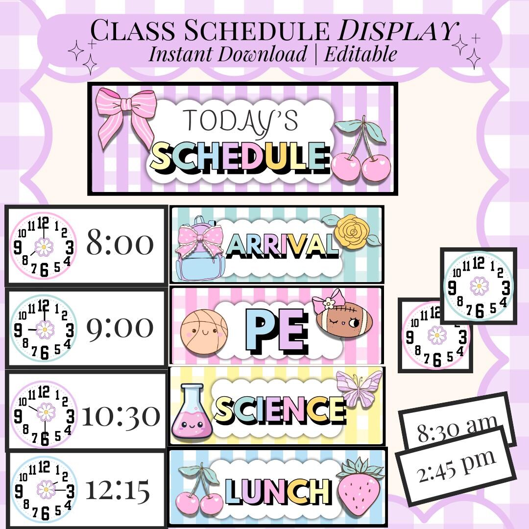 Editable Classroom Schedule Cards for Class Schedule Display Pastel ...