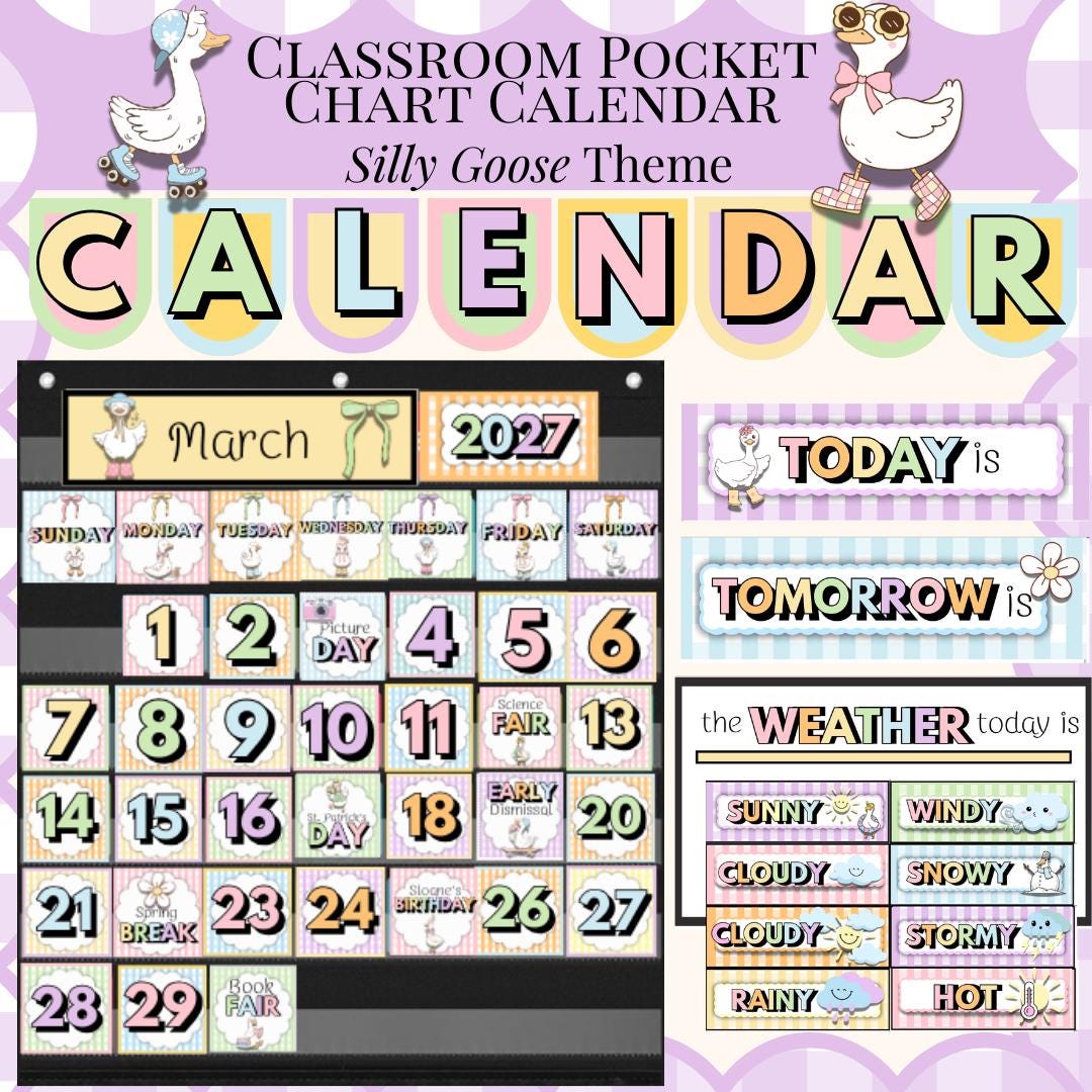 Pocket Chart Classroom Calendar Printable Silly Goose Theme Class ...