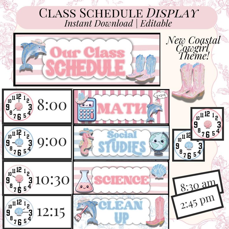 Editable Classroom Schedule Cards for Class Schedule Display Coastal ...