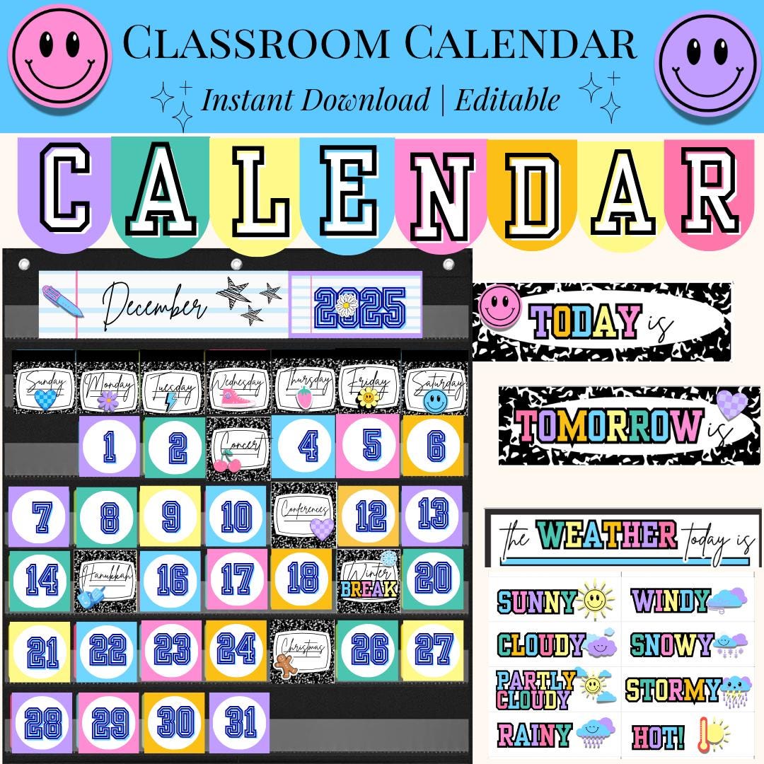 Editable Classroom Calendar Printable: Composition Notebook Theme ...