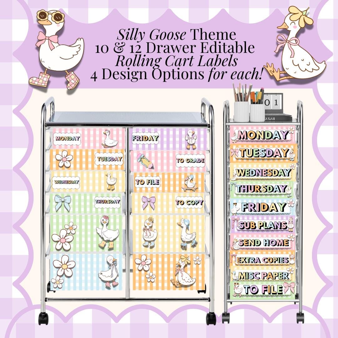 Rolling Cart Labels Silly Goose Printable 10 Drawer Cart Labels and 12 ...