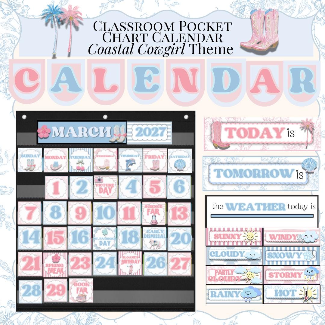 Pocket Chart Classroom Calendar Printable Coastal Cowgirl Theme Class ...