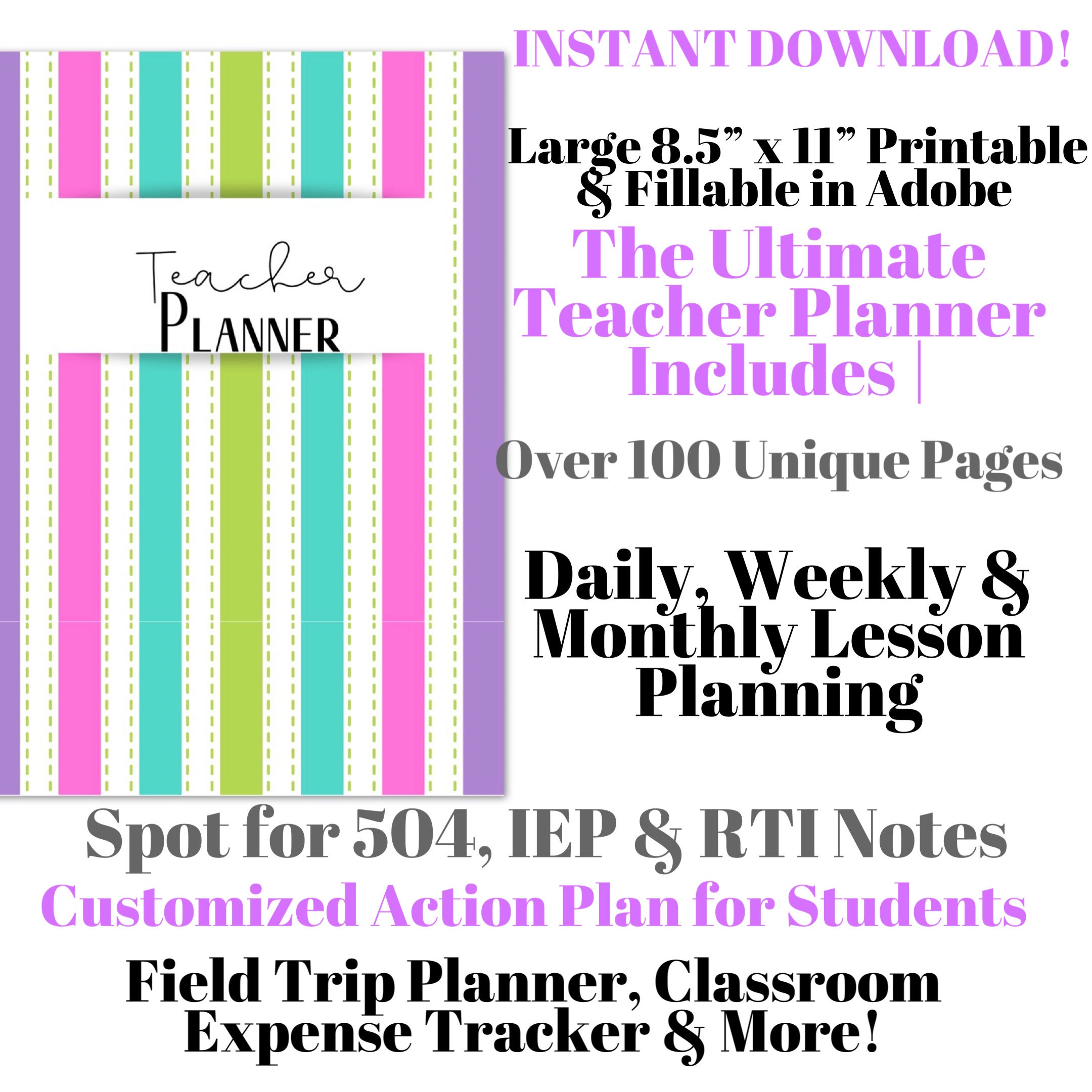 Teacher Planner | PRINTABLE SET | Undated | Large 8.5" X 11" Instant ...