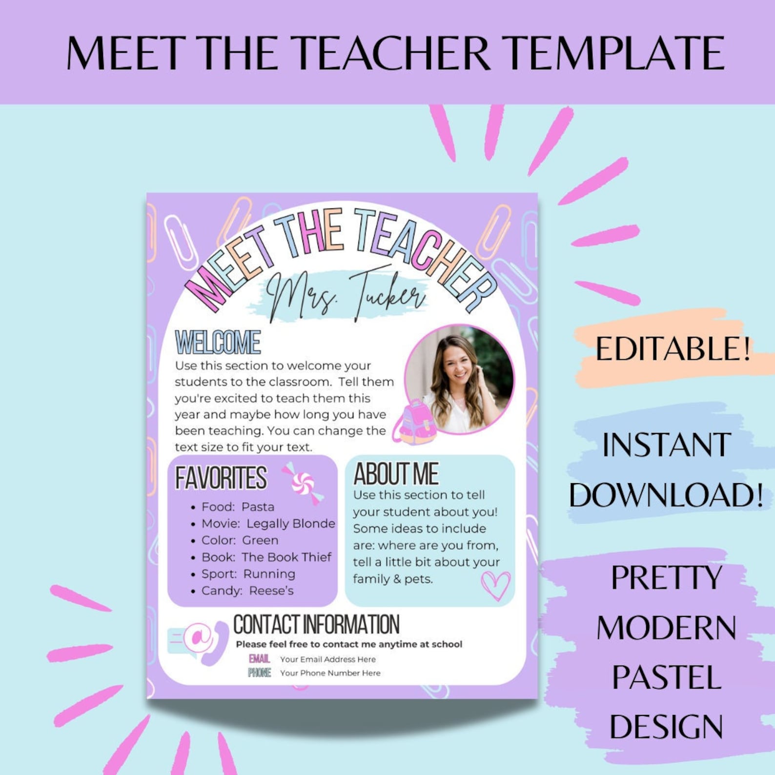 Pretty Pastel Meet the Teacher Template | Editable| Instant Download ...