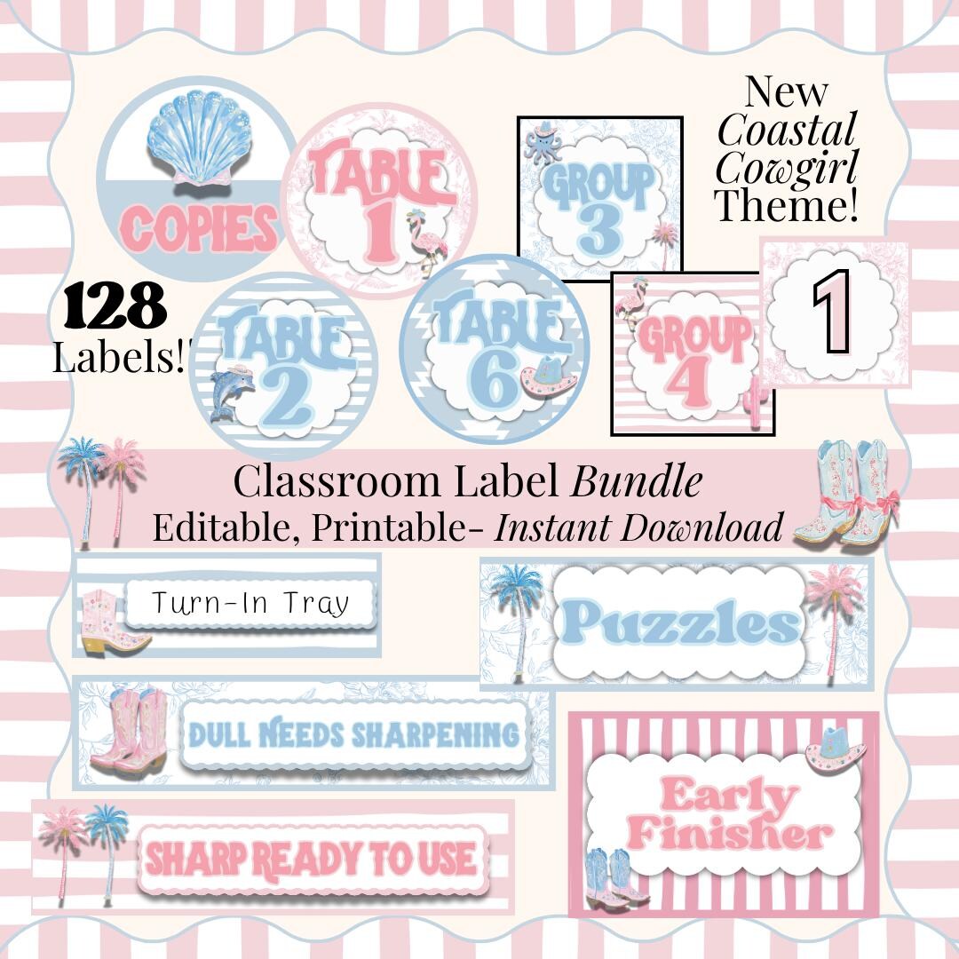 Classroom Labels Printable Bundle Classroom Supply Labels Coastal ...