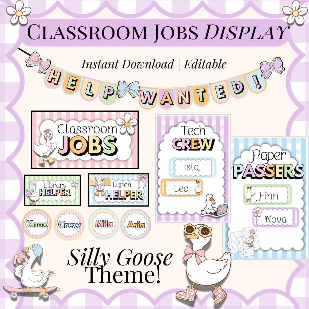 Classroom Job Chart Editable Printable Silly Goose Theme Classroom Job ...