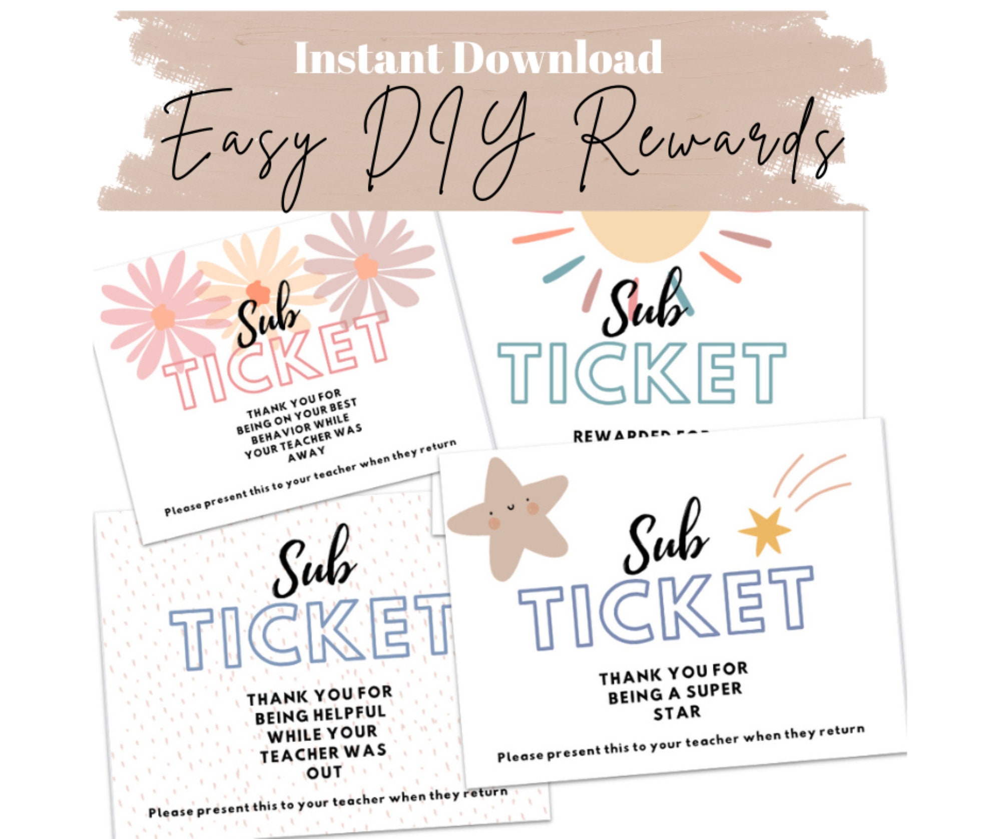Sub Ticket Printable Classroom Incentive for Students Download Boho ...