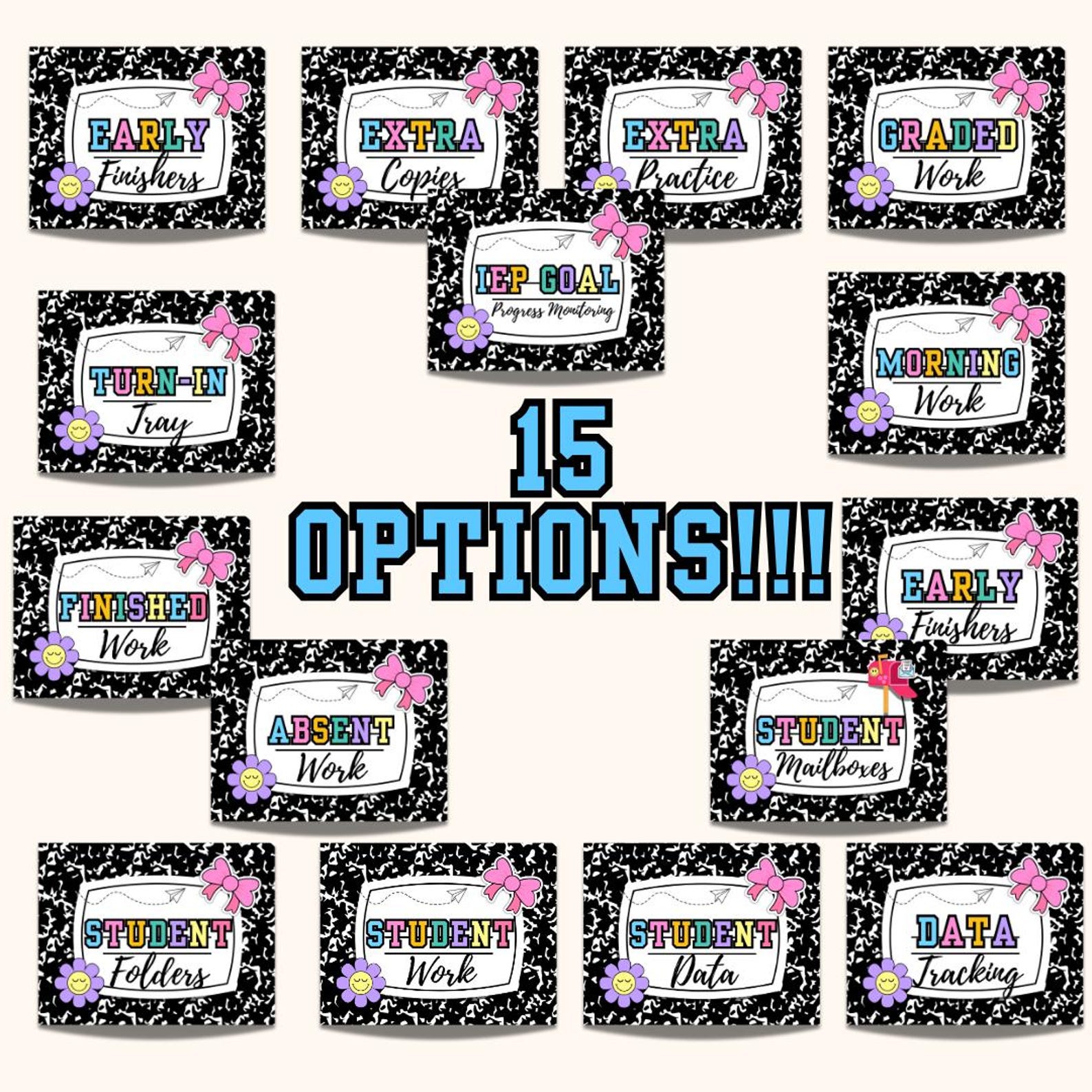 Composition Notebook Classroom Labels: Student File Box Organizer ...