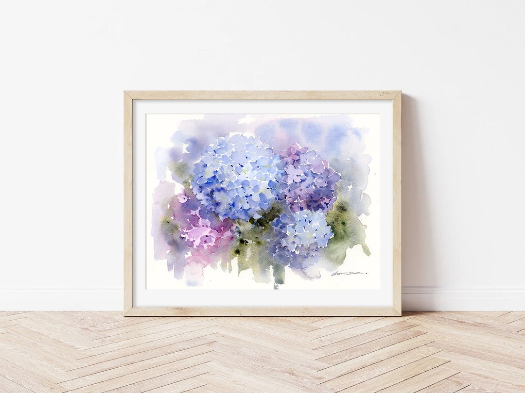 Original Hydrangea Flowers Watercolor Painting, Handmade Blue Flowers ...