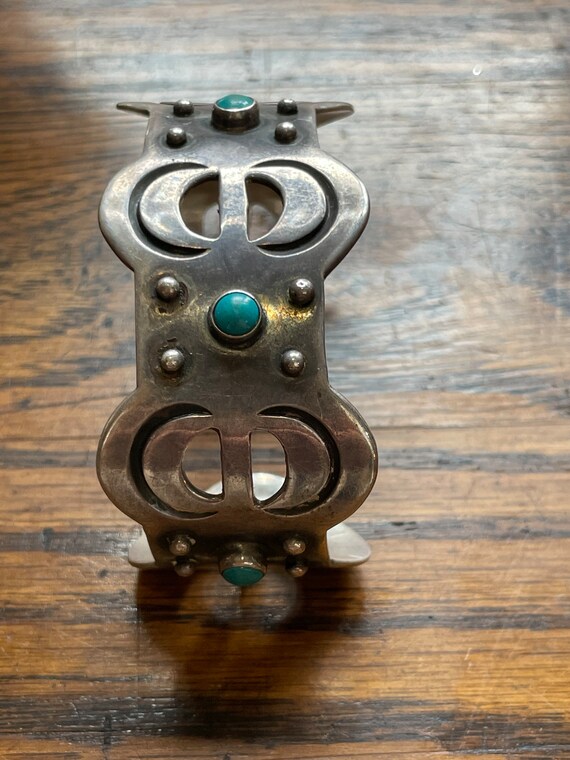 Unusual Vintage Taxco Sterling Silver & Turquoise Cuf… - Gem