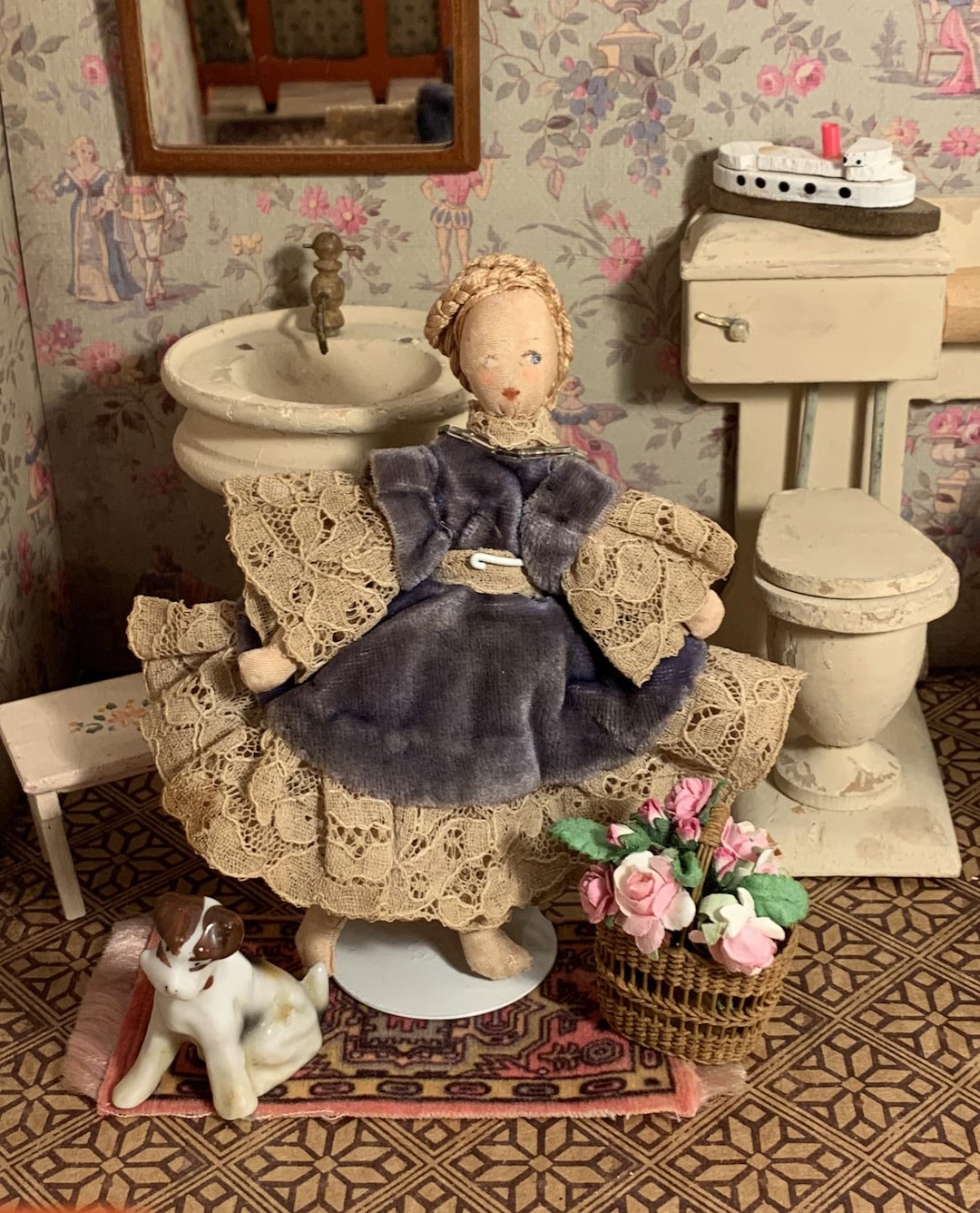 Miniature Stockinette Cloth Lady or Girl Doll, Painted Silk Face ...