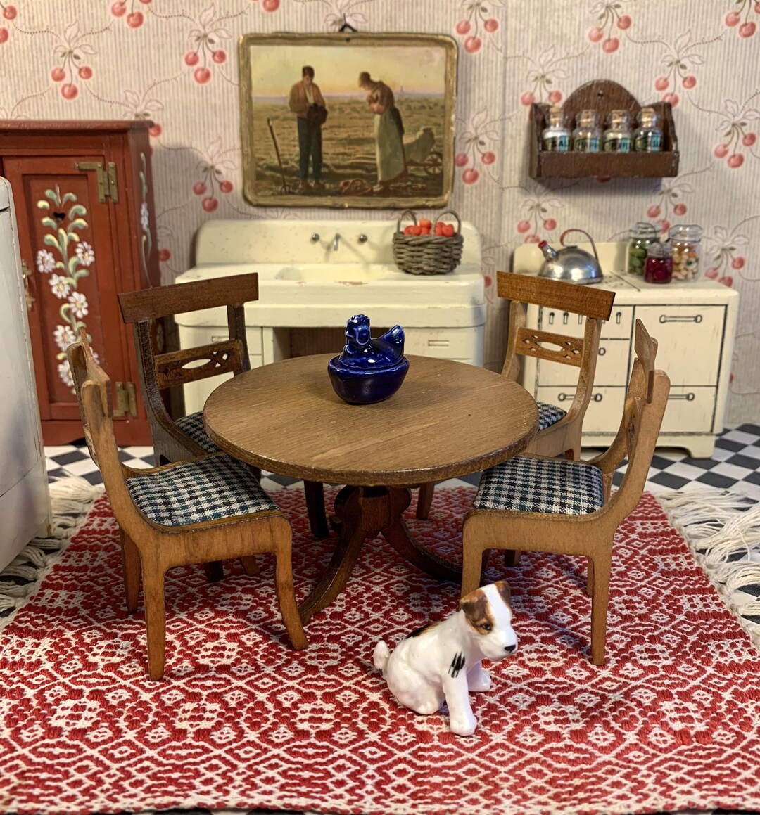 Miniature 5 Pc Table Set, Wooden Shackman Round Pedestal Table and Four ...