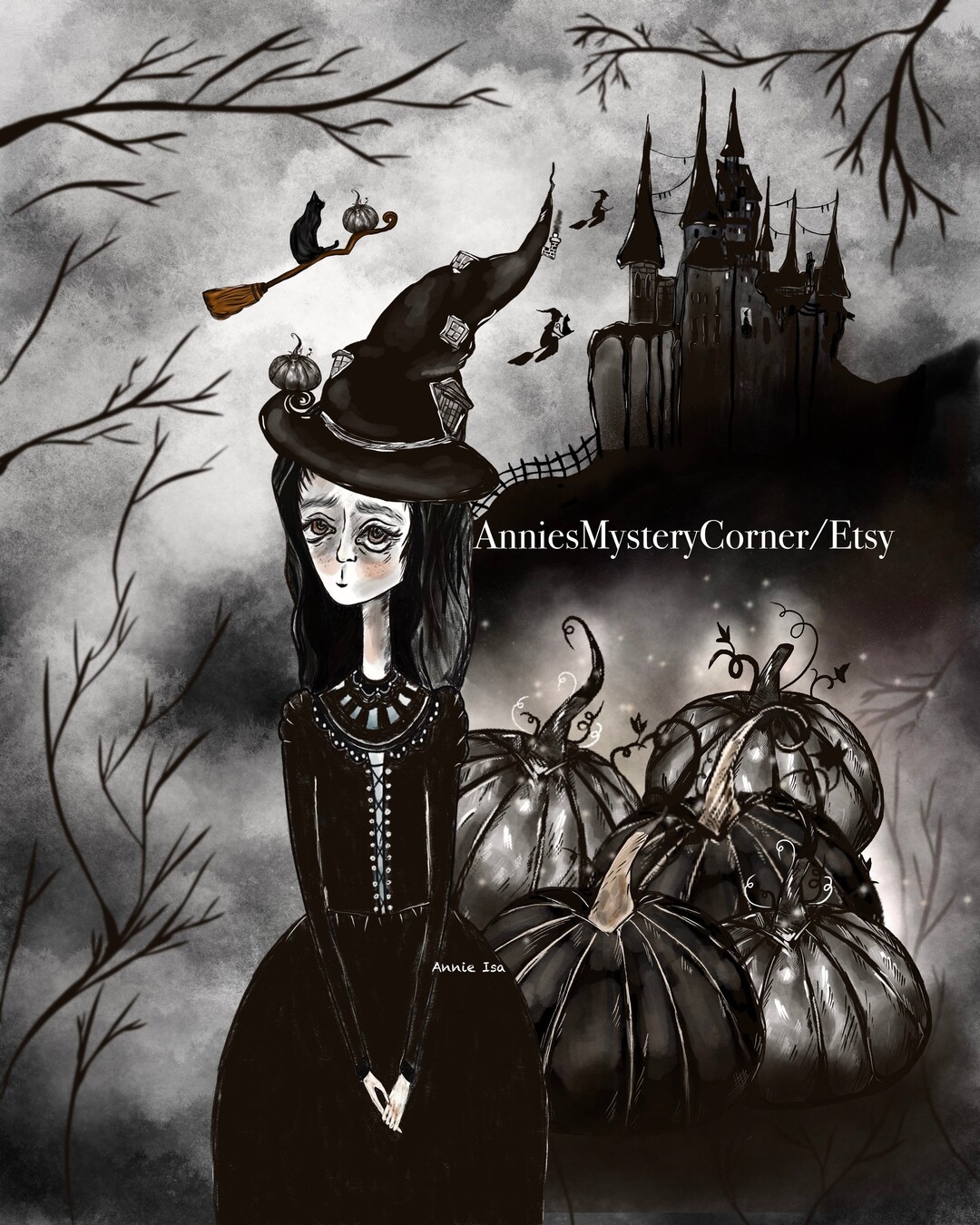 Pumpkin Picking Art Print, Witch Art Print, Autumn Witch Print, Black ...