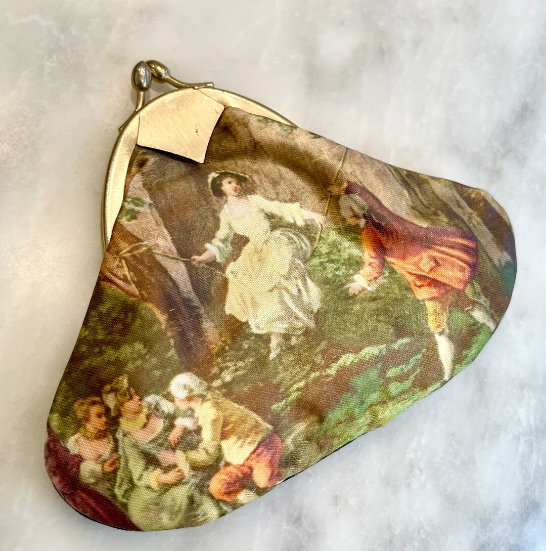 Regency Coin Purse European Painting Scene Kiss-lock Satin Red Interior ...