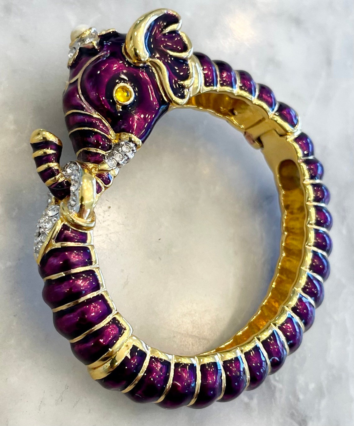 Kenneth J Lane Elephant Bracelet Signed Clamp Purple Gold Enamel ...