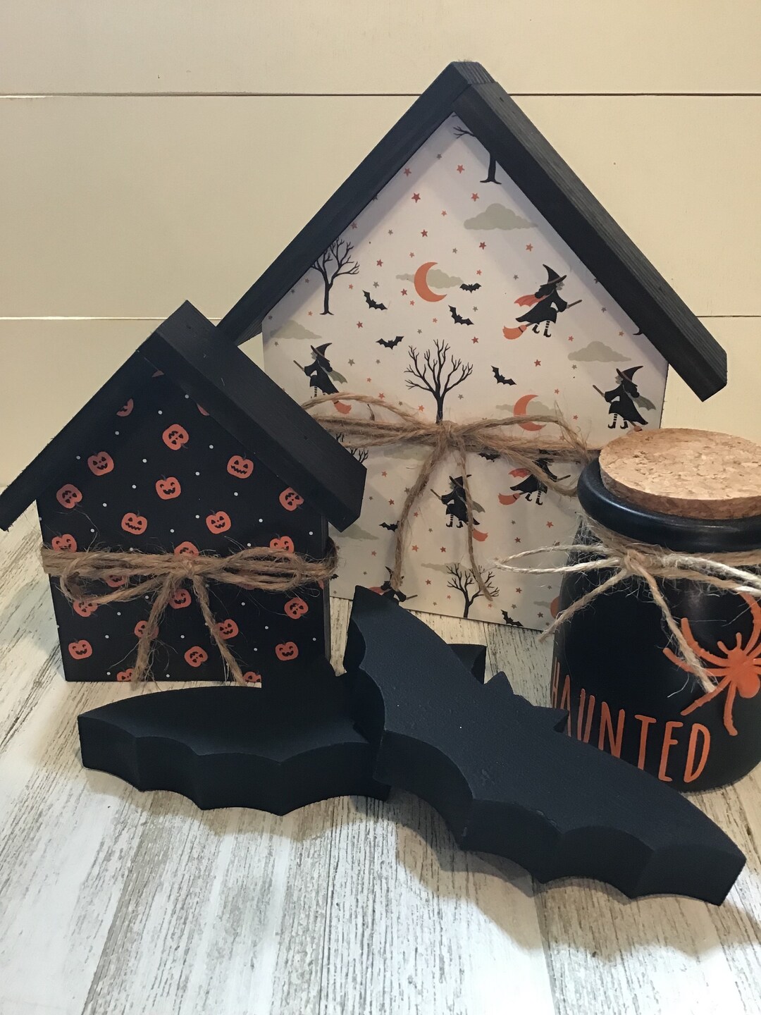 Halloween Mini Wooden House Set of 2 orange & Black Witch W/ - Etsy