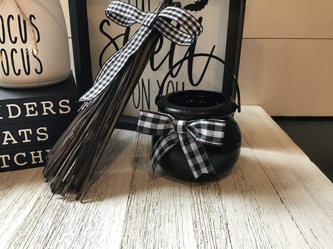 Mini Halloween Witch Broom With Black Check Bow and Ribbon | Tiered ...