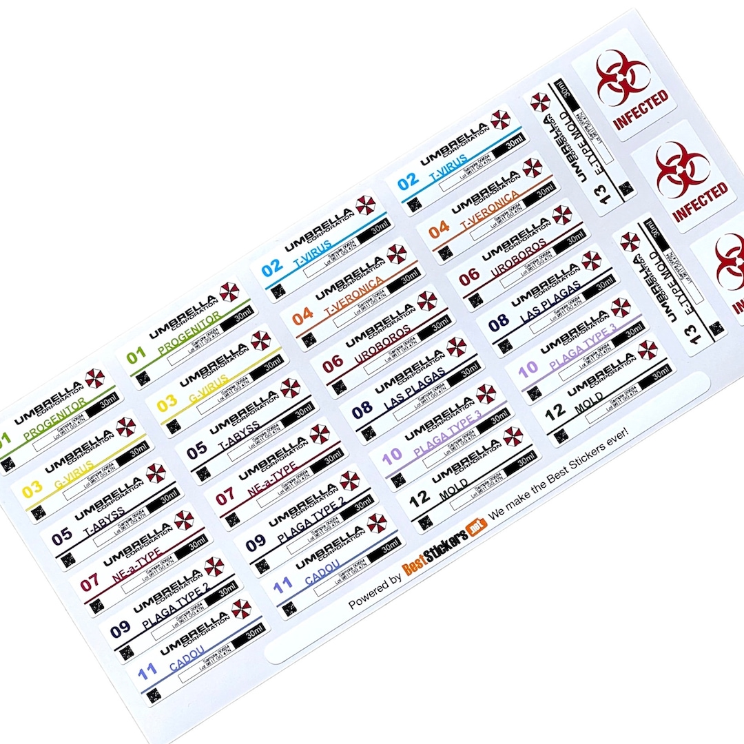 Umbrella Corporation Resident Evil Virus Parasites Fungus Vial Stickers ...
