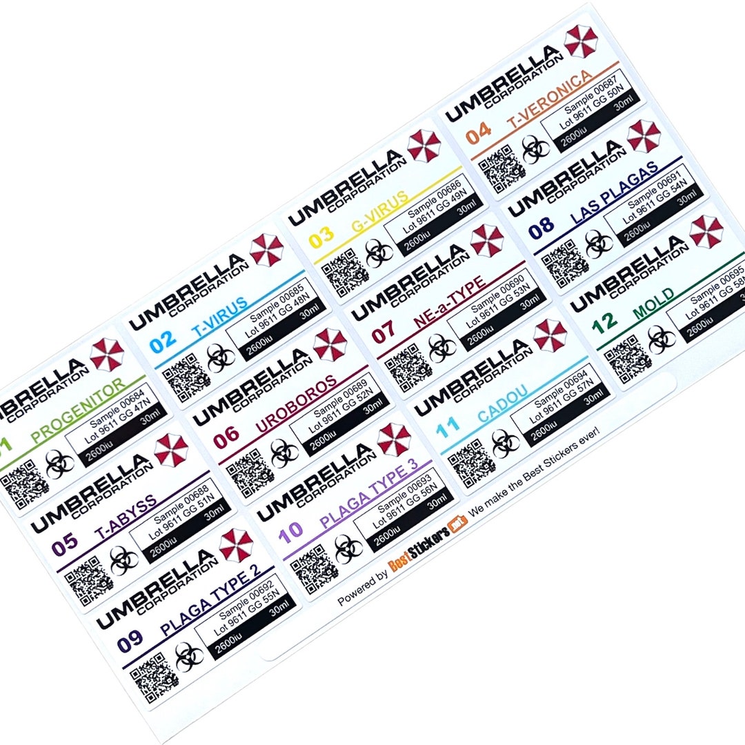 Resident Evil Umbrella Corporation Virus Parasites Fungus Vial Stickers ...