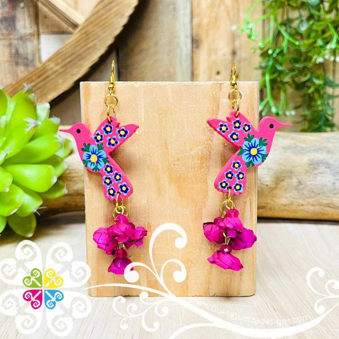 Flor Colibri Wood Earrings - Palm Earrings - Mexican Handmade Earrings ...