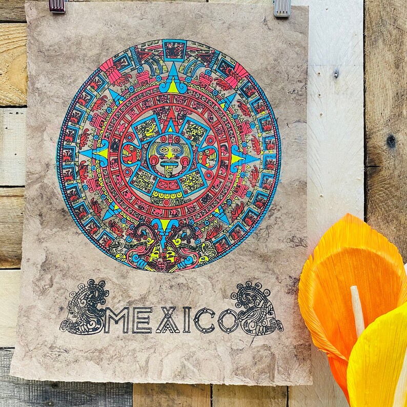 Medium Aztec Calendar Design Amate Paintings Mexican | Etsy