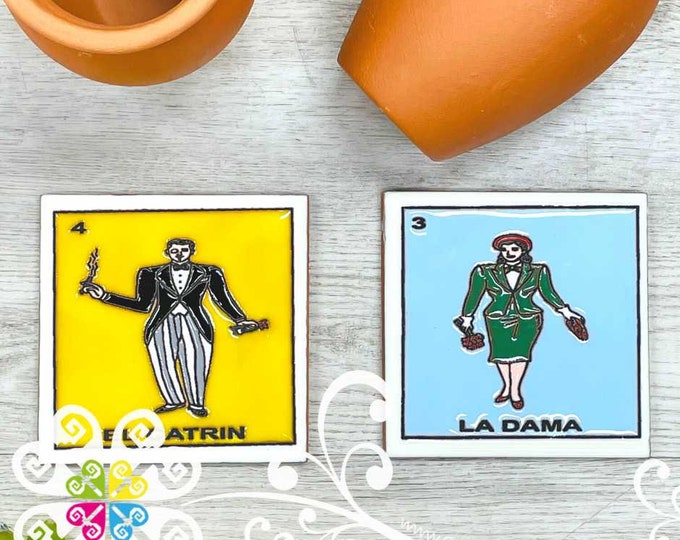 La Dama & El Catrin Mexican Loteria Coaster Tile Set - Etsy