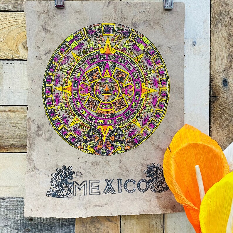 Medium Aztec Calendar Design Amate Paintings Mexican | Etsy