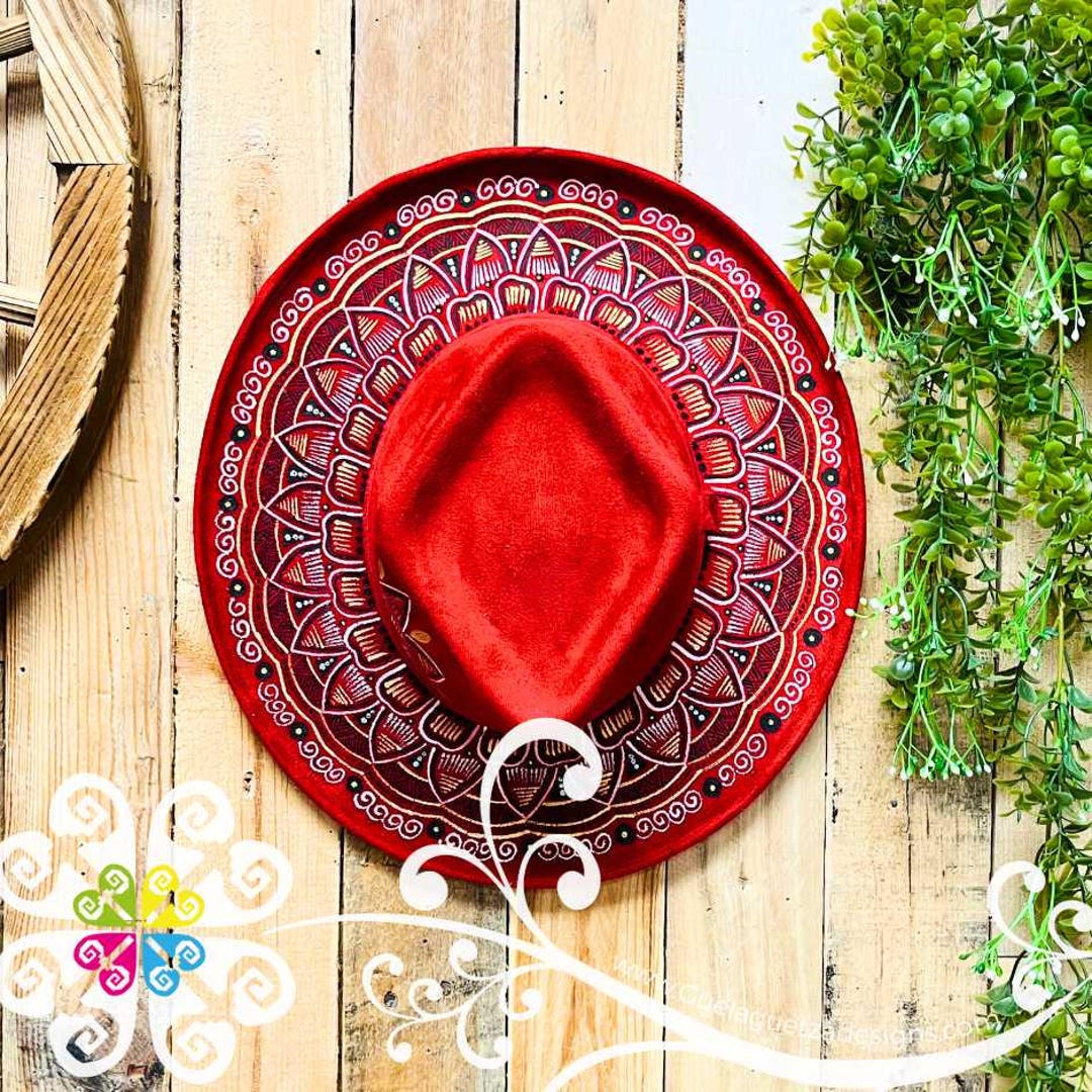 Red Rhombus Mitla Velvet Hat - Hand Painted Hat - Etsy