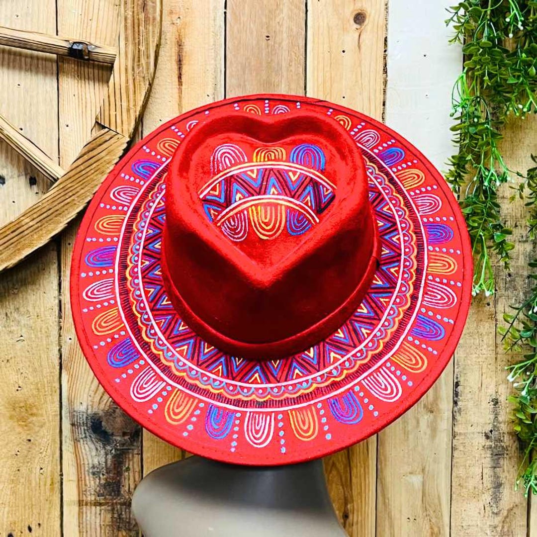 Red Heart Mitla Velvet Hat - Hand Painted Hat - Etsy