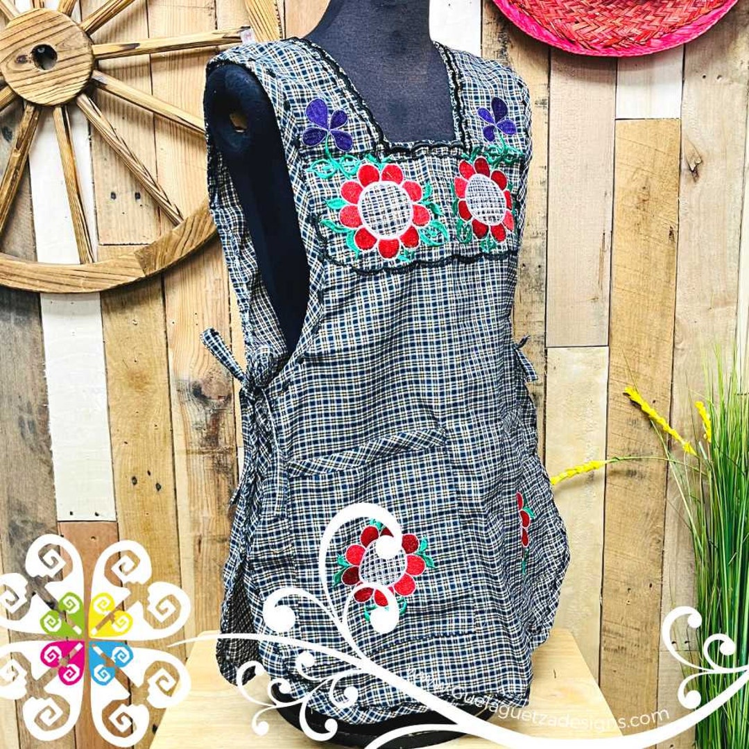 Navy Blue With Red Sunflowers Escapulario Embroider Apron - Mandil ...