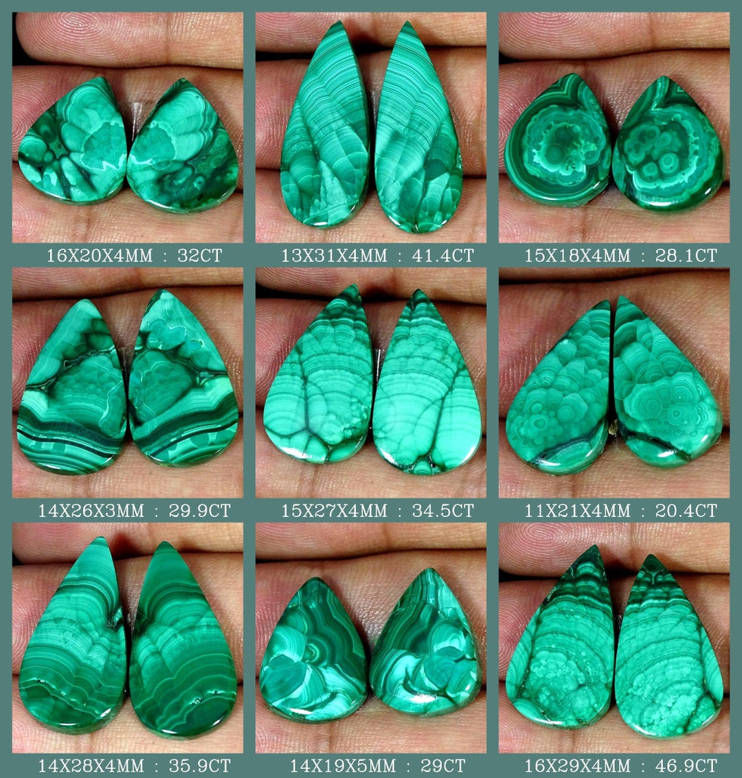 Natural Malachite Gems/ Green Malachite Cabochon Pair/ Pear Malachite ...