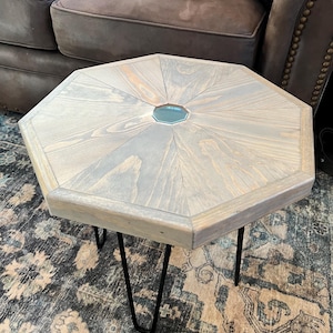 Small Octagon Table Gray With Blue Epoxy Inlay - Etsy