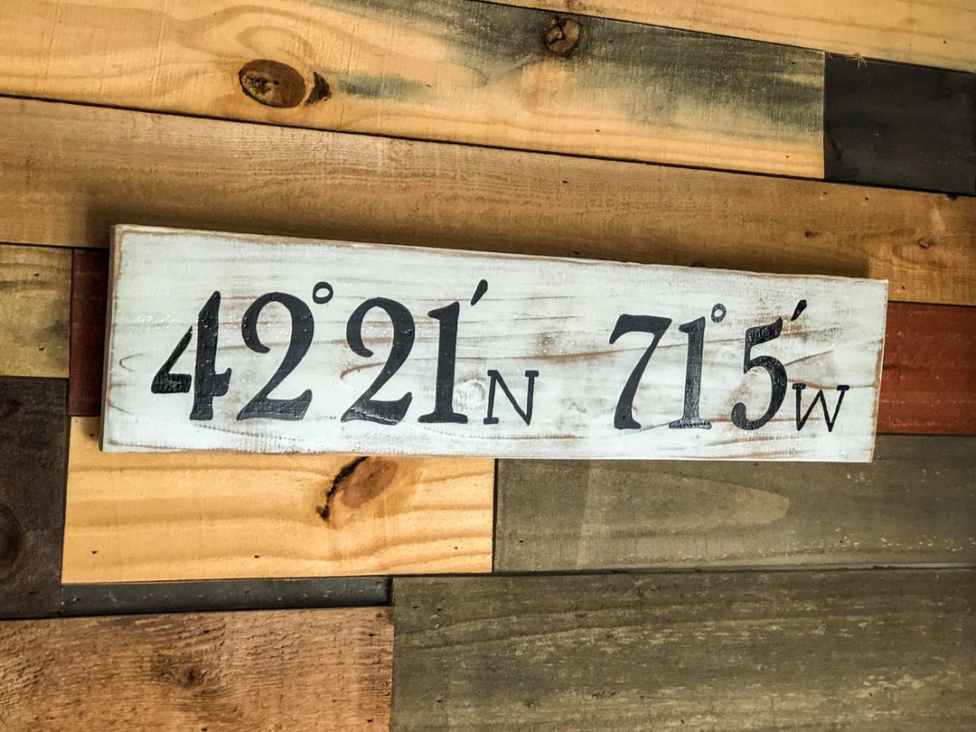 Rustic Coordinate Sign, Reclaimed Wood Painted Coordinates Sign, Lat ...