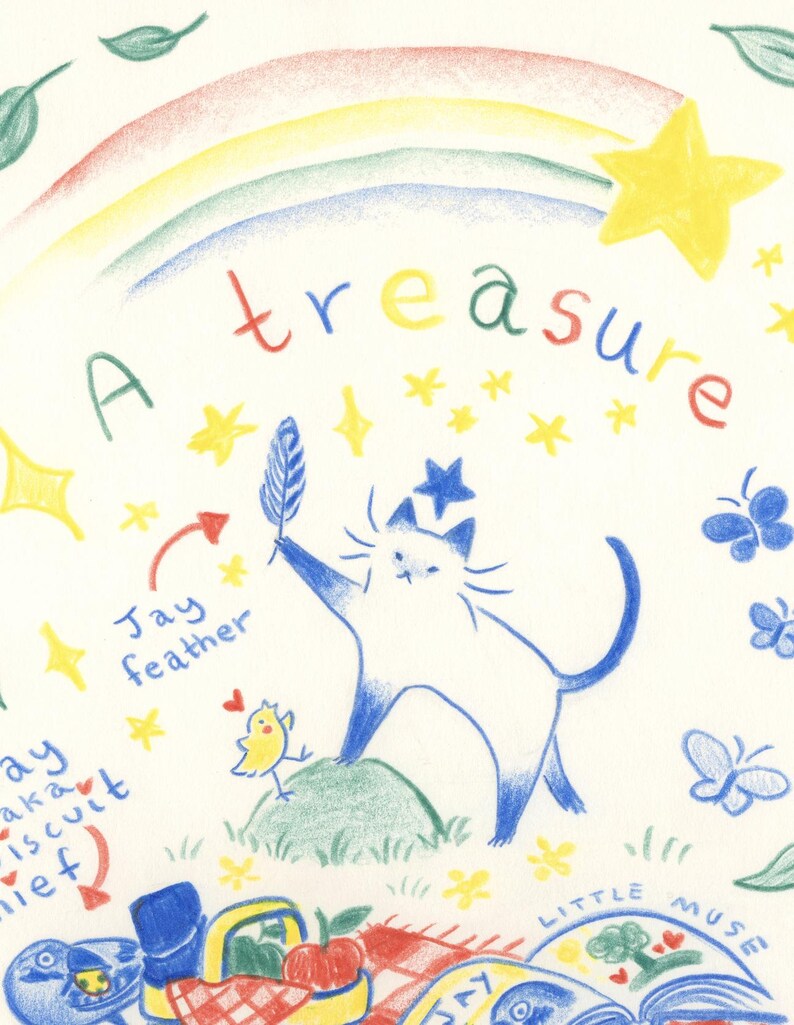Cat Art Print • Little Muse • Feather Treasure • Illustration - Etsy