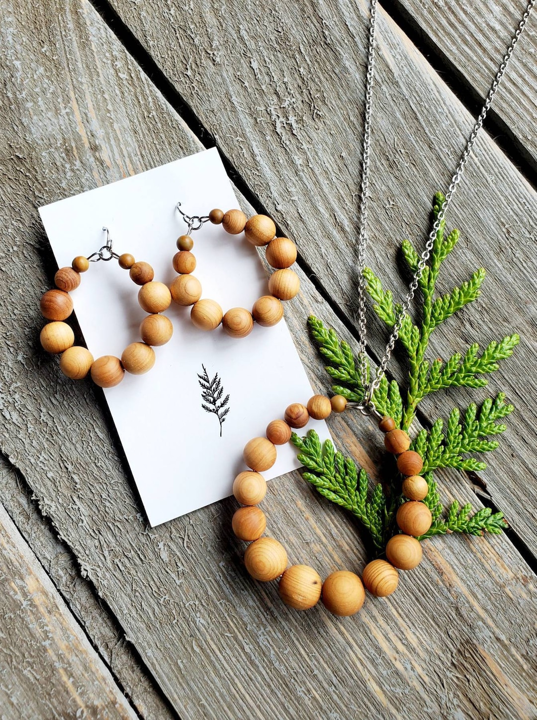 Cedar Wood Bead Jewelry Set | Hypoallergenic Earrings, Stainless Steel ...