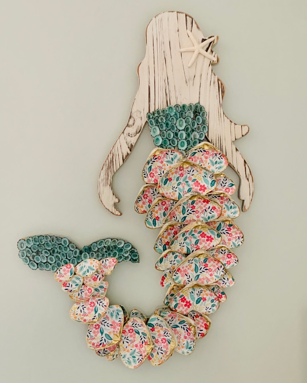 Large Clam Shell Mermaid Mosaic Aqua & Pink Floral - Etsy