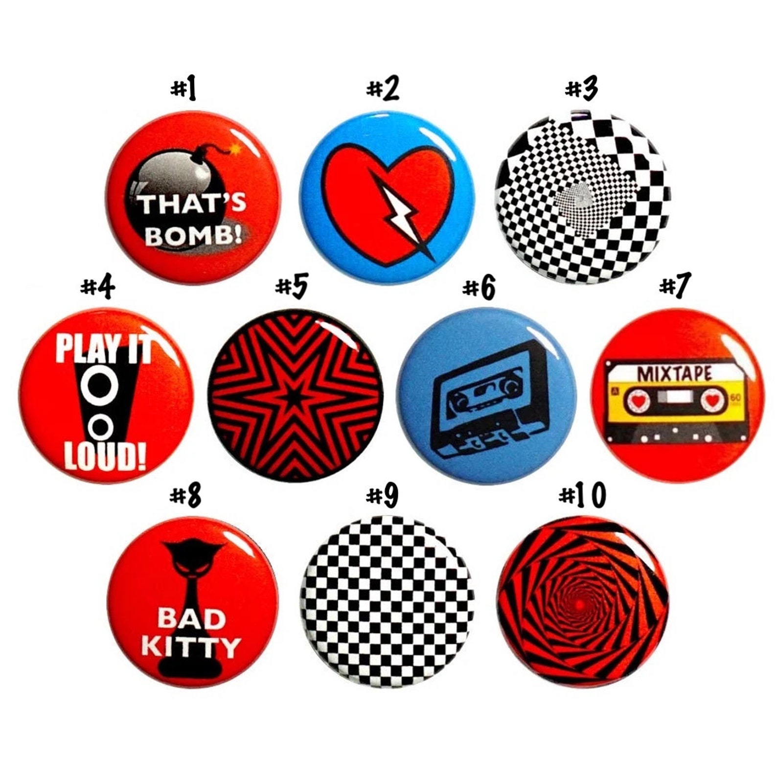 Cool 90's Style 10 Pack Buttons for Backpacks or Fridge Magnets ...