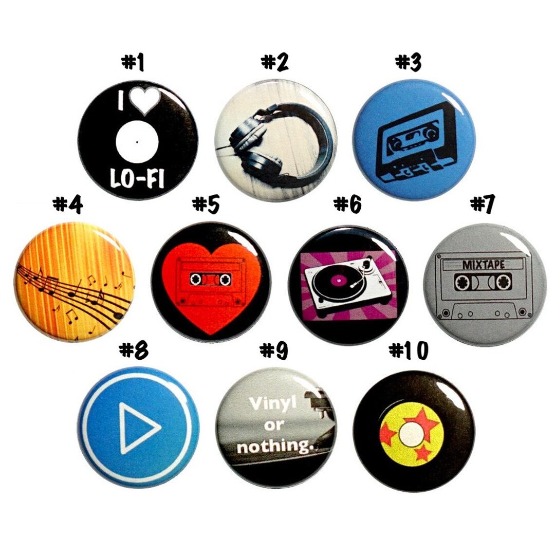 Music Pins (10 Pack) Buttons for Backpacks, Retro Audio, Vinyl Records ...
