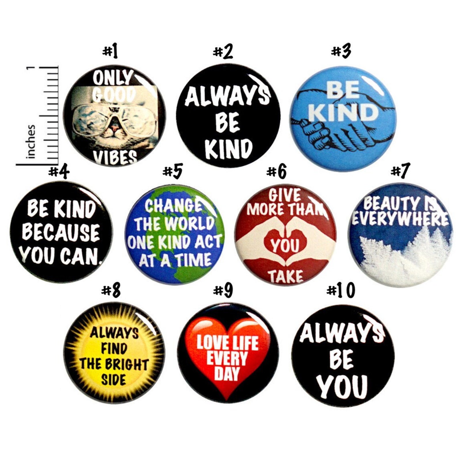 Positive Buttons (10 Pack) Kindness, Be Kind, Be You, Change the World ...