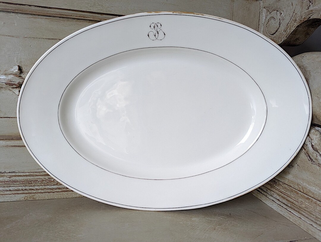 VERY LARGE Antique French Porcelain Monogrammed Oval Platter, Black ...