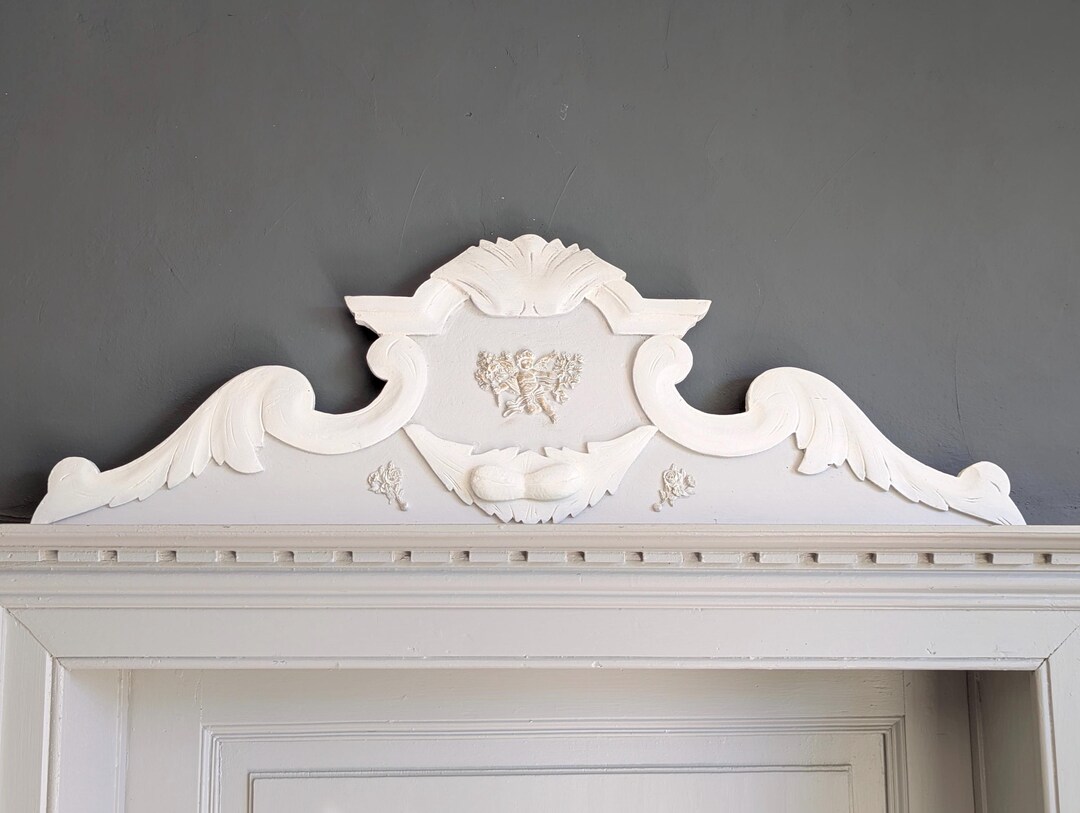 Antique French Wooden Pediment in Light Grey and White With Gold Cherub ...
