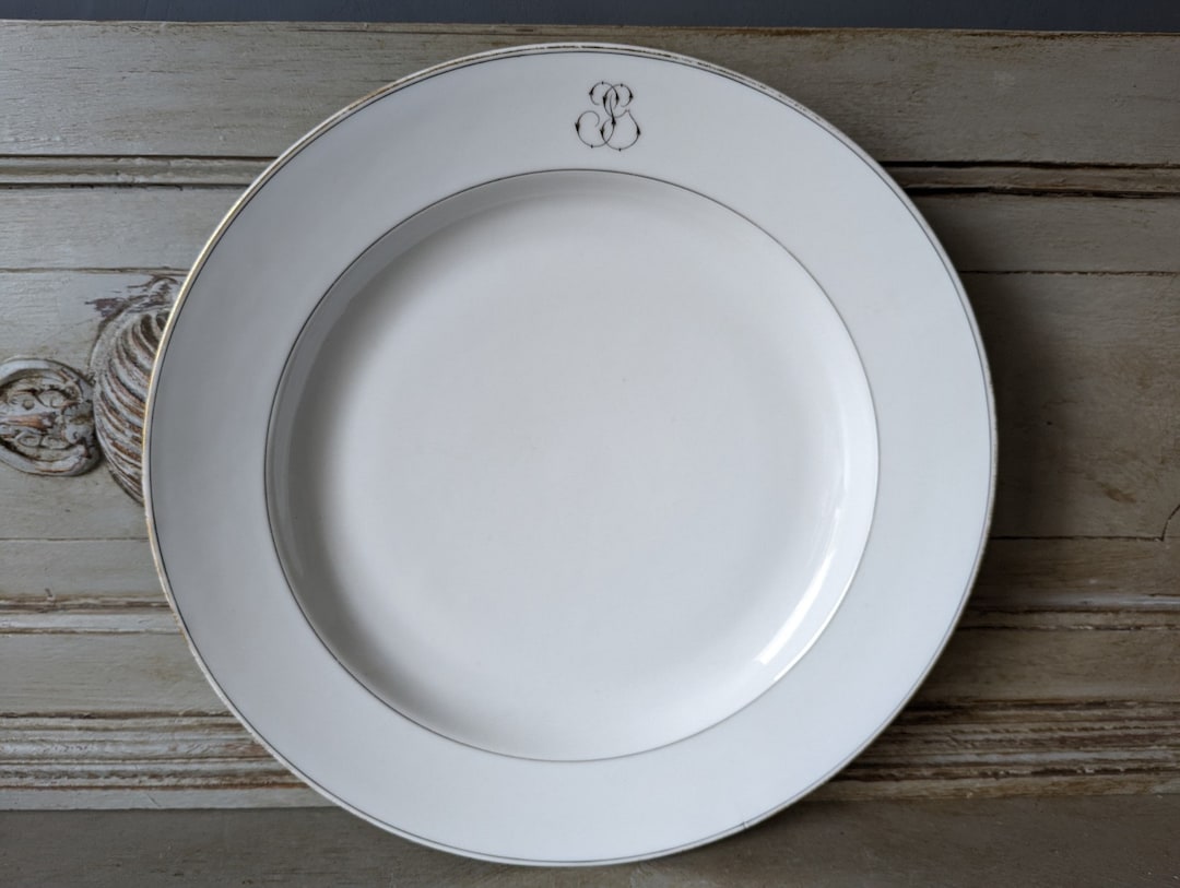 VERY LARGE Antique French Porcelain Monogrammed Round Platter, Black ...