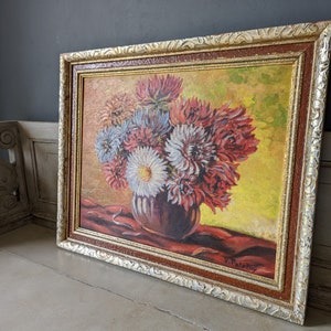 Vintage Still Life Floral Oil Painting, Dahlias, Flowers, Vase of ...