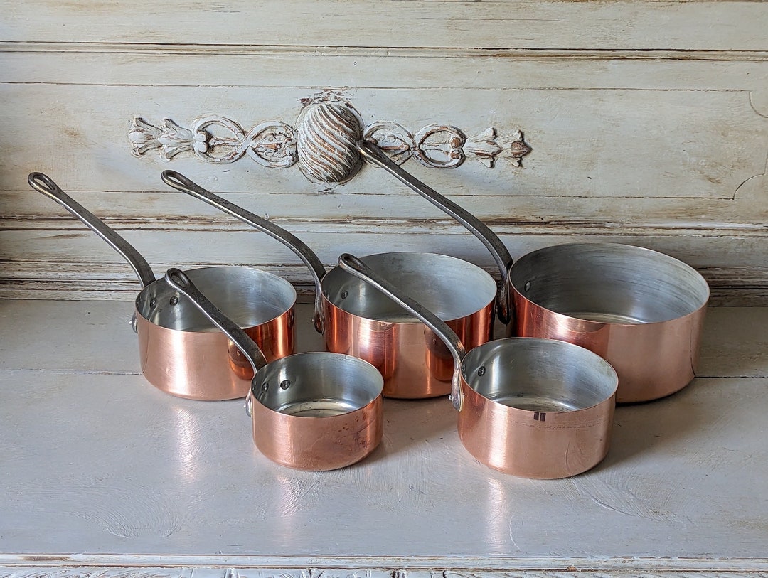 French Antique Copper Saucepans With Cast Iron Handles, Cookware ...