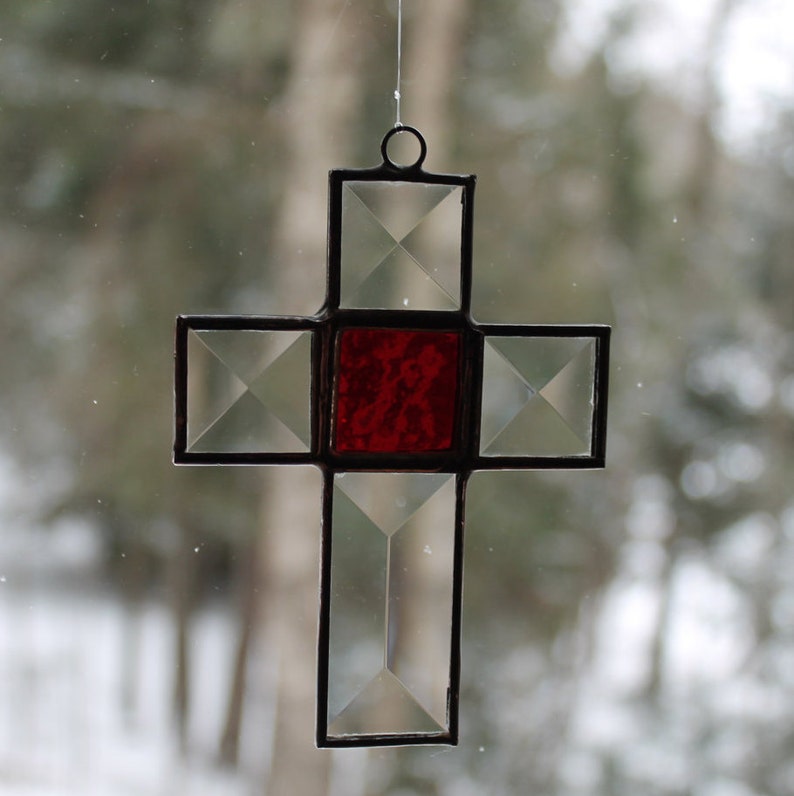 Stained Glass Beveled Cross With Colored Center - Etsy