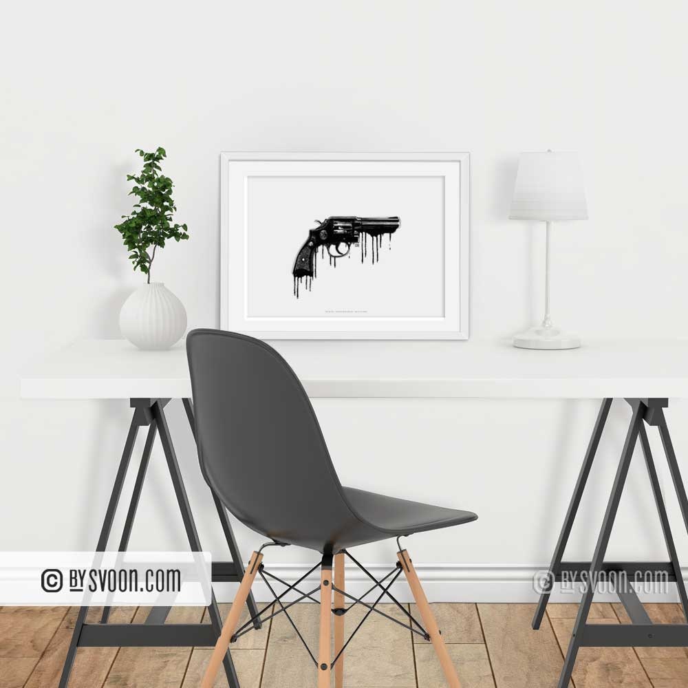 Melting Gun Print, Revolver Illustration, Weapon Drawing, Dripping ...