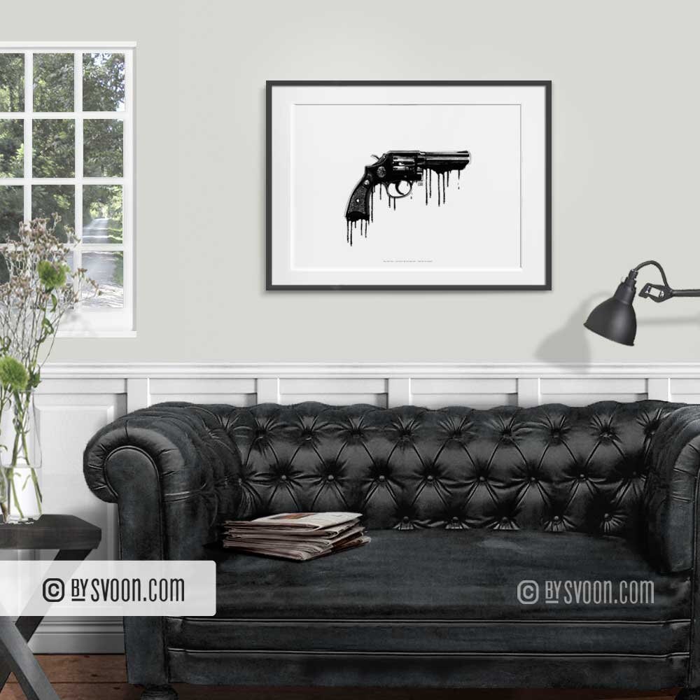 Melting Gun Print, Revolver Illustration, Weapon Drawing, Dripping ...